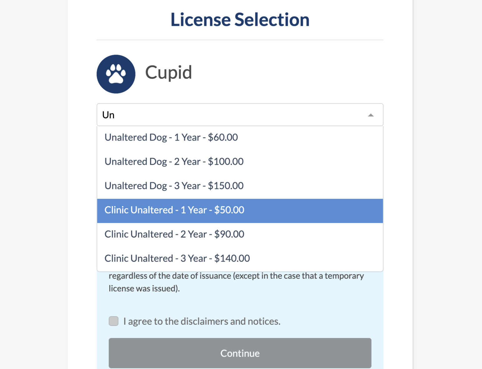 Searching for a License Product in the License Selection Dropdown – DocuPet